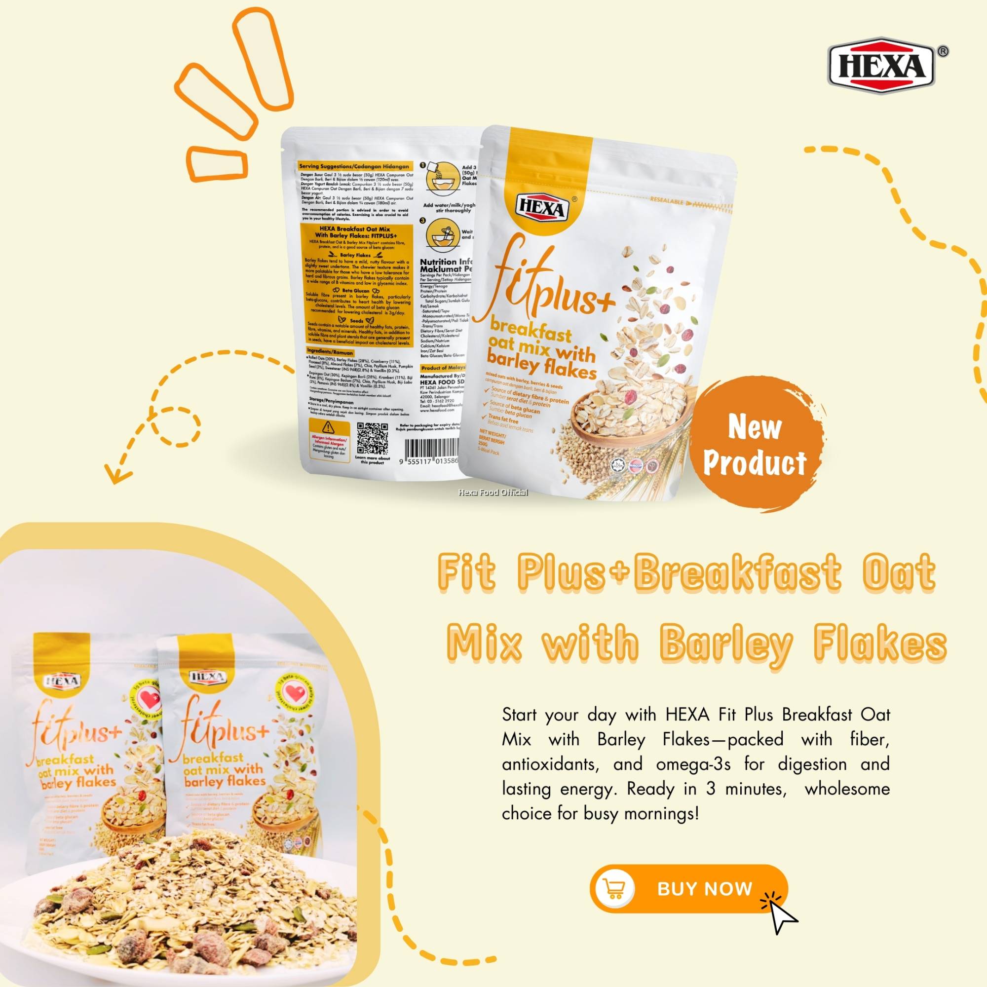 HEXA Fit Plus Breakfast Oat Mix with Barley Flakes 250g x 3 packs